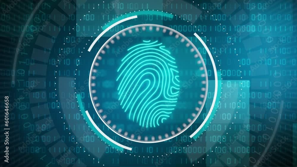 Animation of the fingerprint scanner. Motion digital elements and 3D graphics with binary code ...