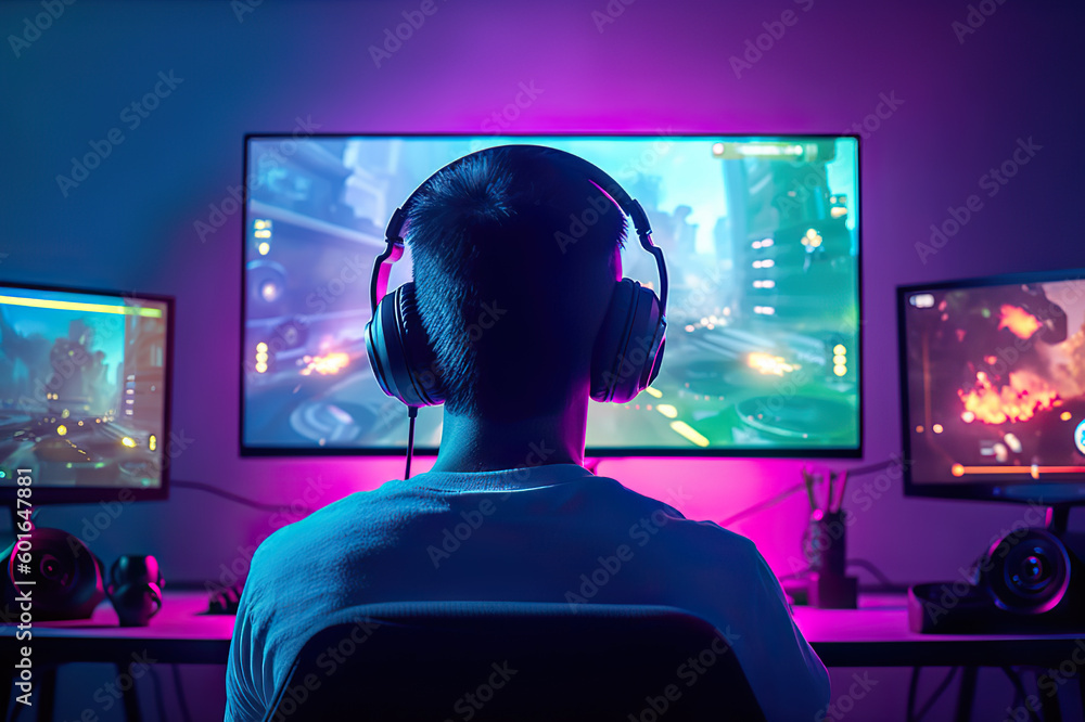 Online Gaming Enthusiast Wearing Headphones and Focused on Screen ...