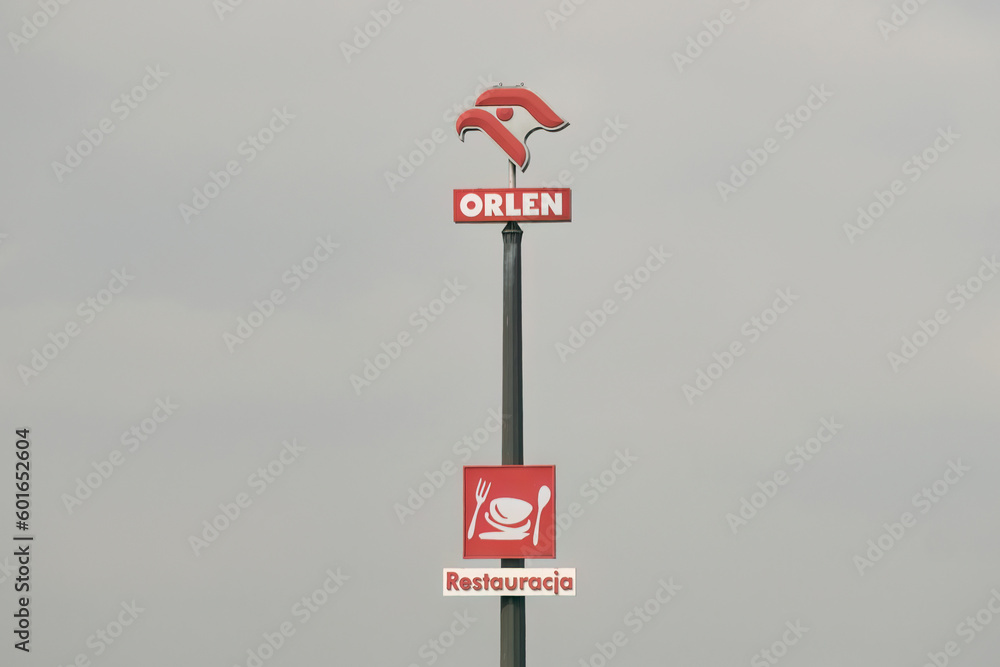 08.04.2023 Poland, Europe. Logo of the Polish oil company "Orlen" on ...