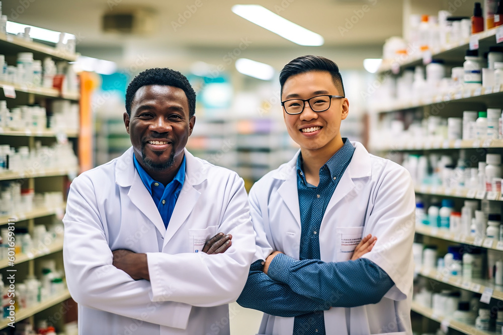 Two Pharmacists at the Pharmacy. Generative AI. A digital painting of ...