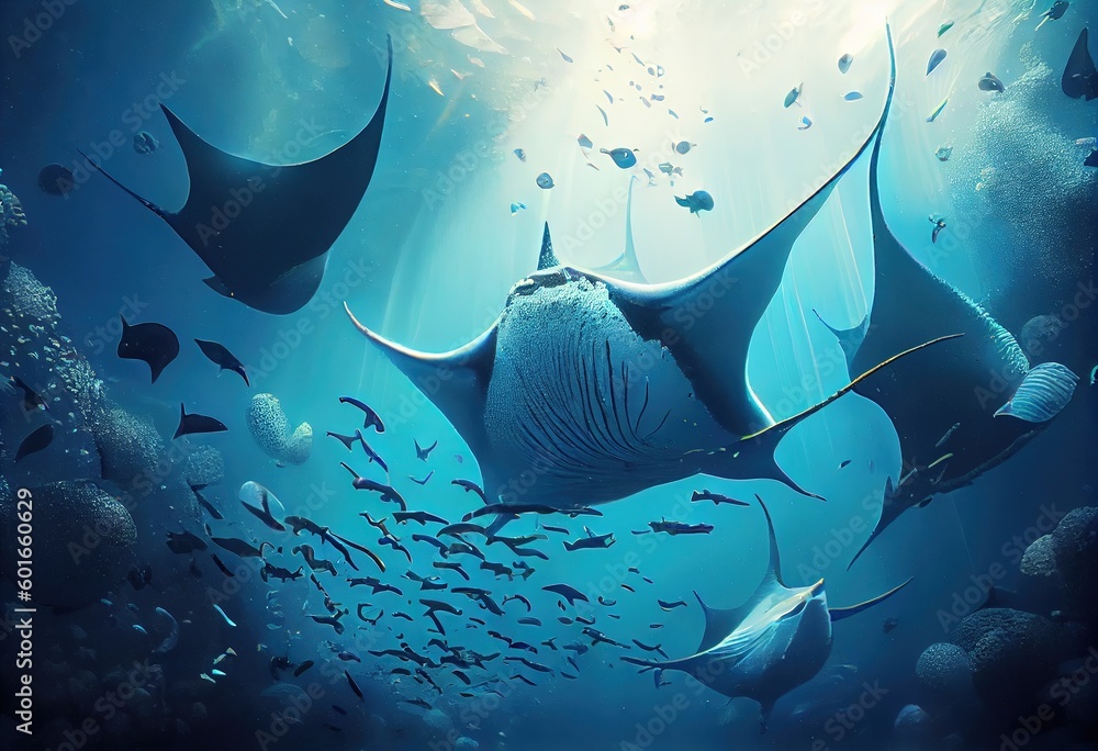 Oceanic Serenity: Majestic Manta Rays in a Peaceful Underwater Scene ...