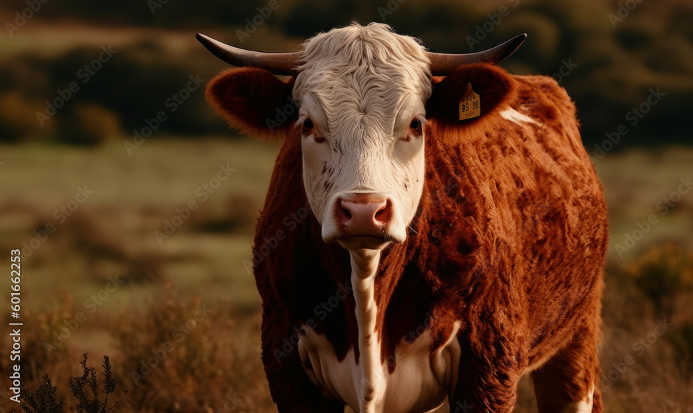 sunset close up photo of Hereford cow on blurry background of its ...