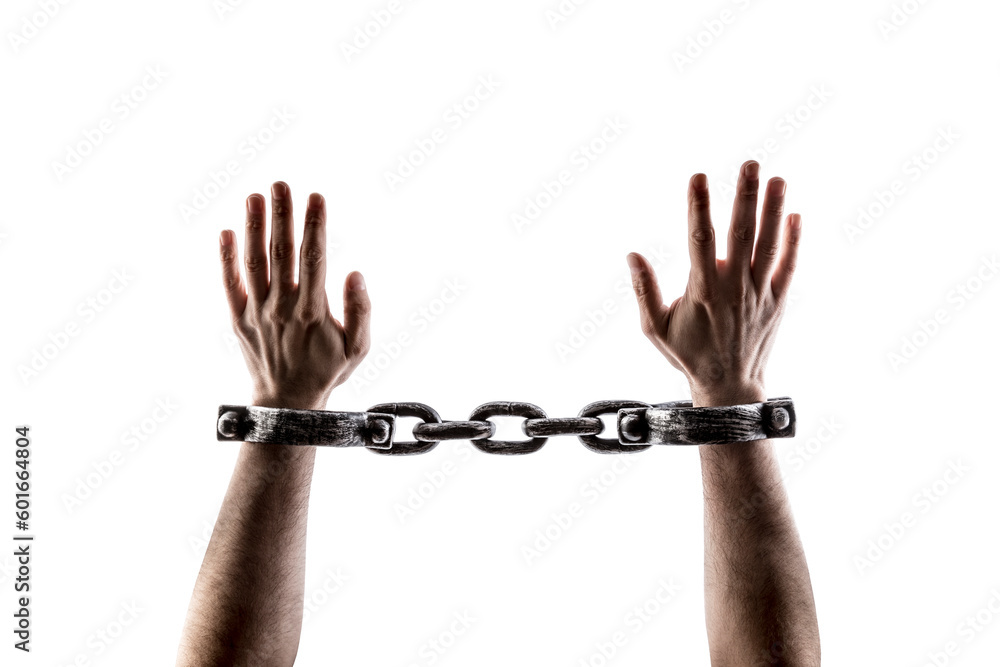 Shackled hands isolated on white background with clipping path Stock ...