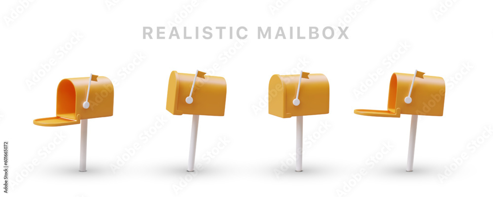 Yellow realistic mailboxes with raised flag. 3D set of icons for ...