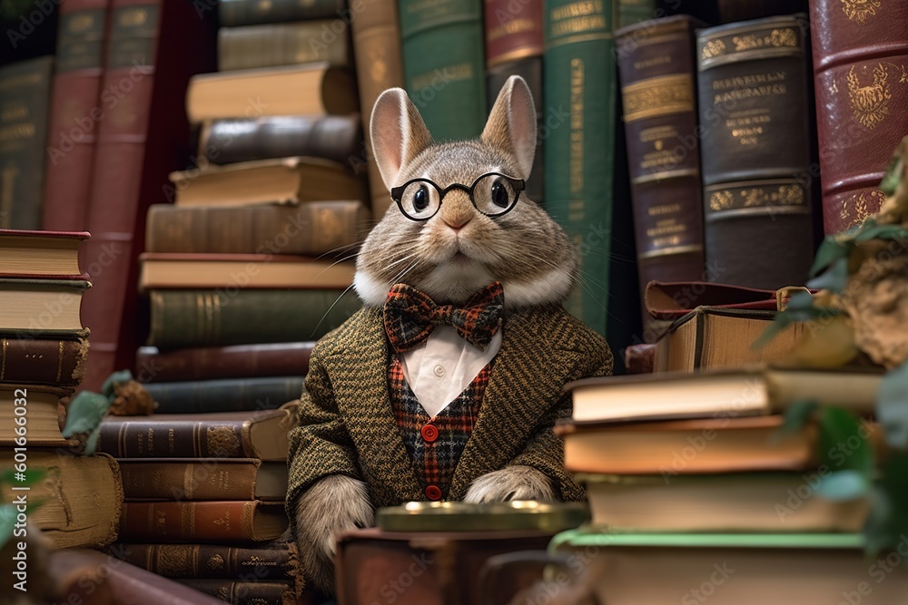 A whimsical and endearing image of a rabbit dressed as a professor ...