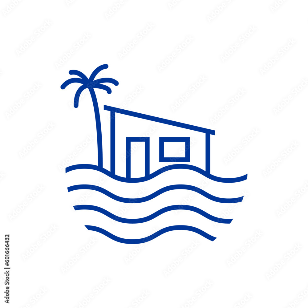 Logo casa de la playa. Silueta de casa con palma lineal con olas de mar ...