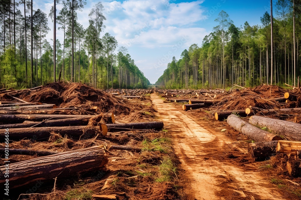 A clear depiction of deforestation showing a forested area being cut down, with fallen trees and ...