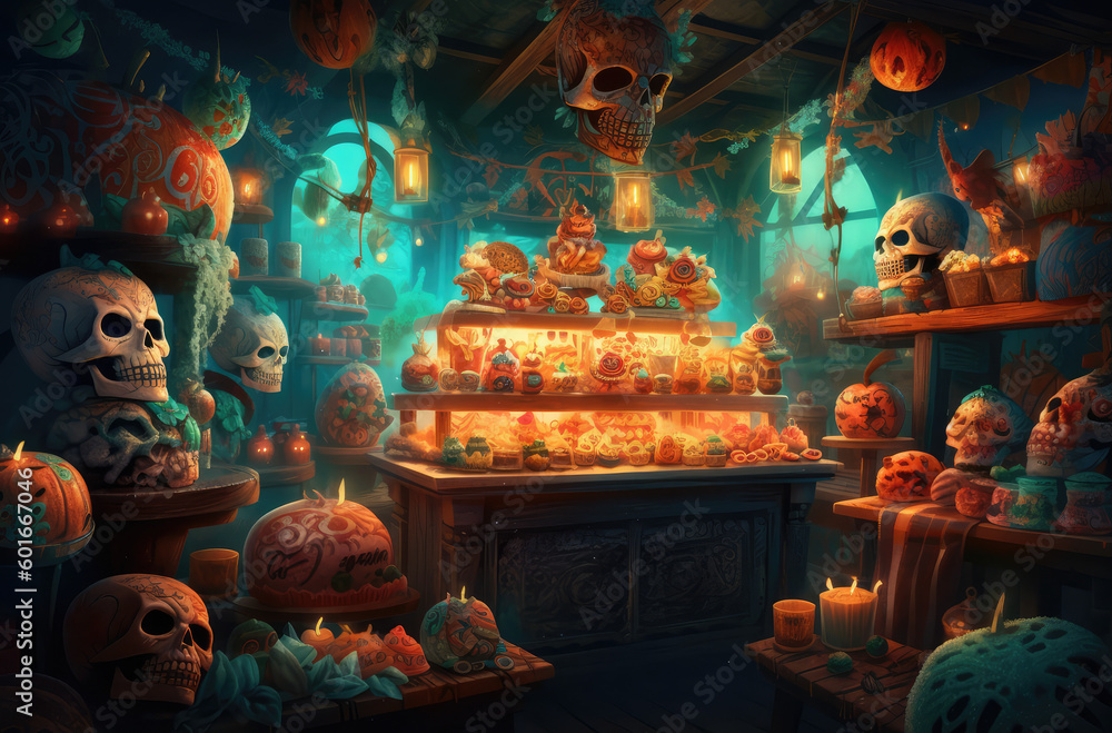 cartoon character surrounded by spooky Halloween decorations in a room ...