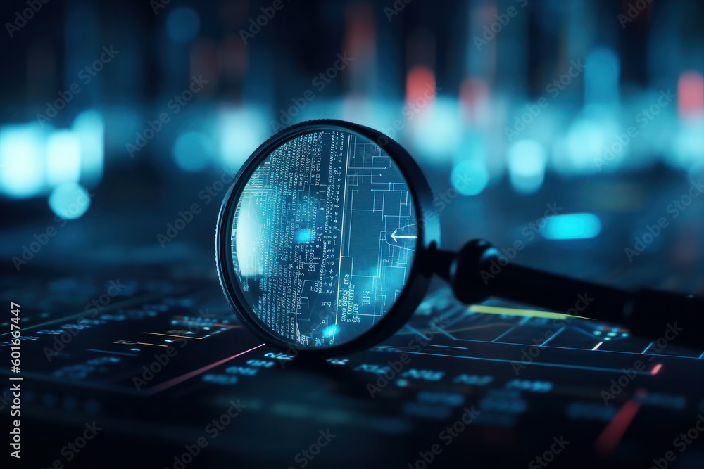 Data analysis, search engine optimization or SEO. magnifier, charts ...