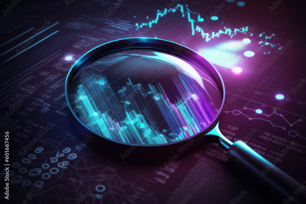 Data analysis, search engine optimization or SEO. magnifier, charts ...