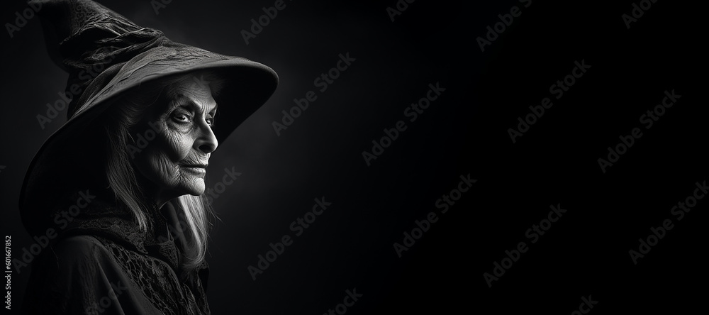 Black and white photorealistic studio portrait of a wicked witch on ...