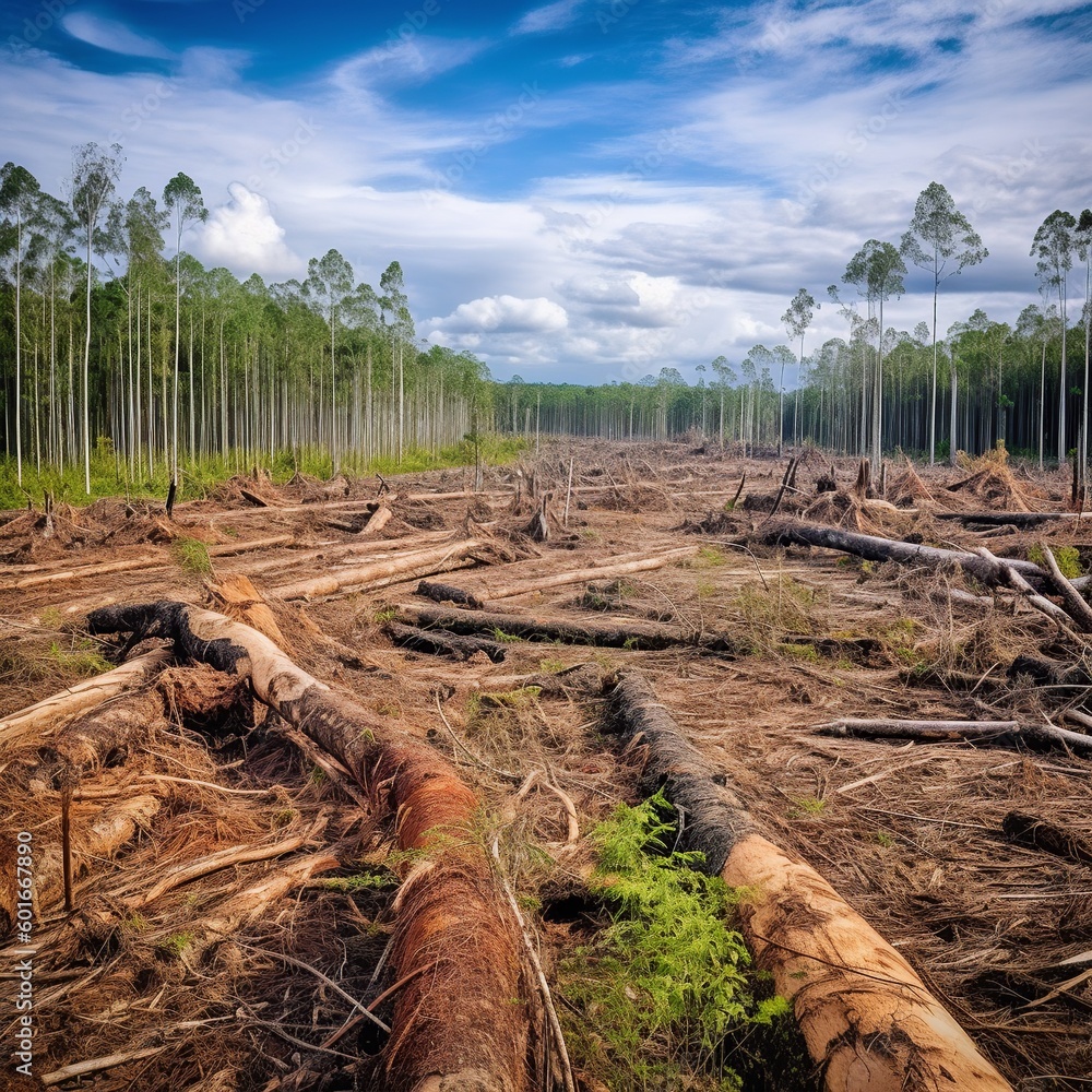 A clear depiction of deforestation showing a forested area being cut down, with fallen trees and ...
