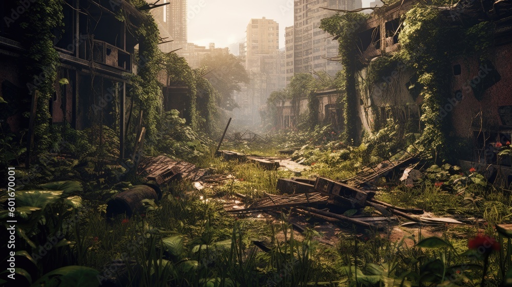Post apocalyptic city in ruins after zombie pathogen wiped out last of ...