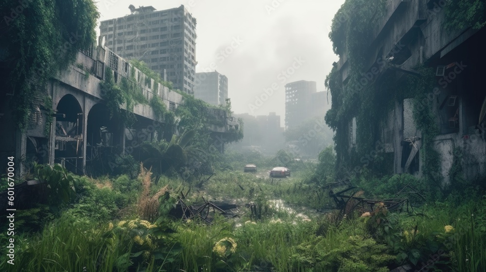 Post apocalyptic city in ruins after zombie pathogen wiped out last of ...