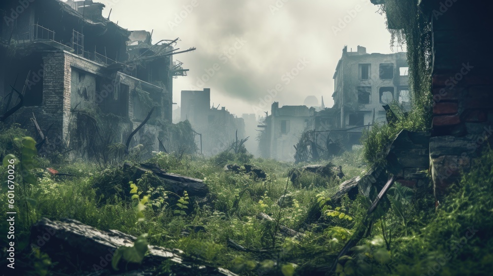 Post apocalyptic city in ruins after zombie pathogen wiped out last of ...