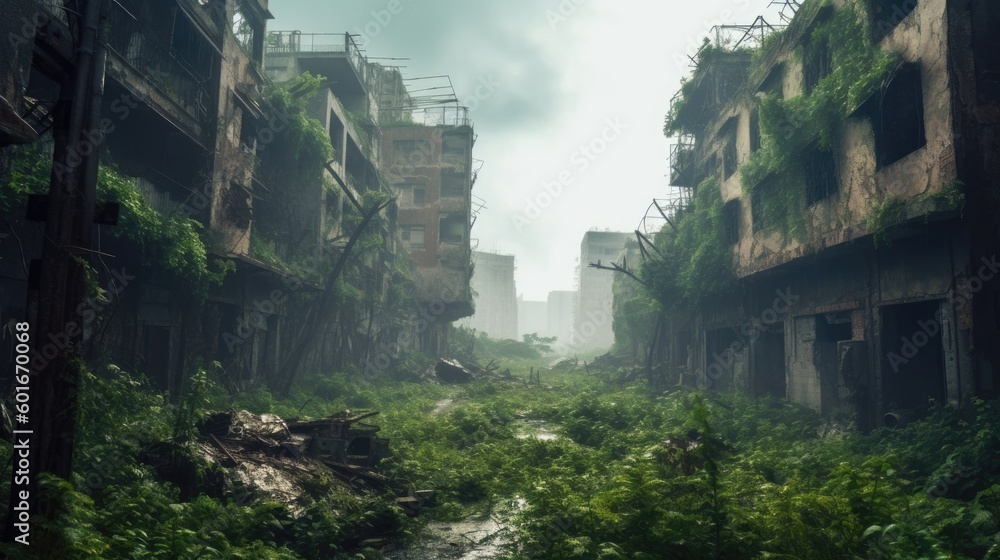 Post apocalyptic city in ruins after zombie pathogen wiped out last of ...