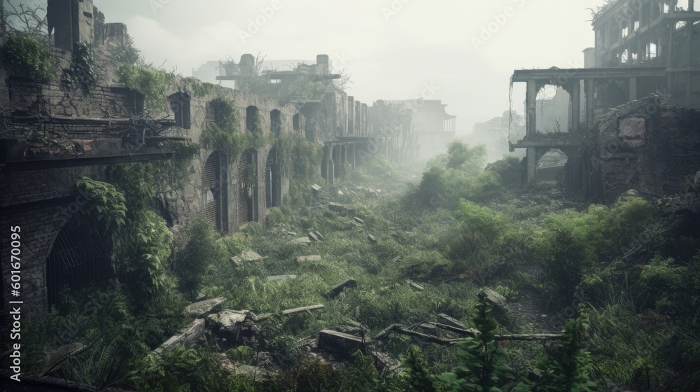 Post apocalyptic city in ruins after zombie pathogen wiped out last of ...