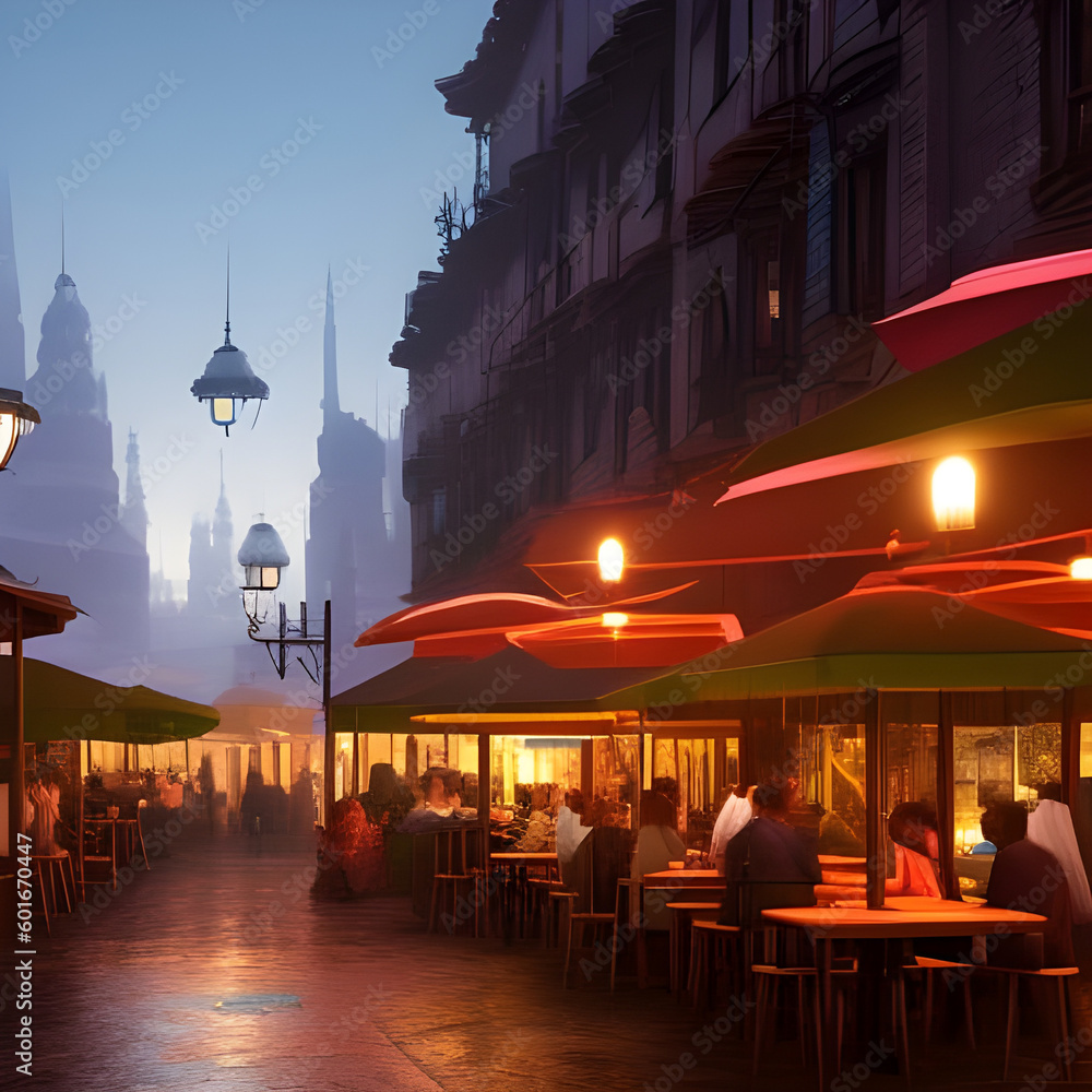 Cozy magical street café at night. Warm glow over patrons relaxing at ...