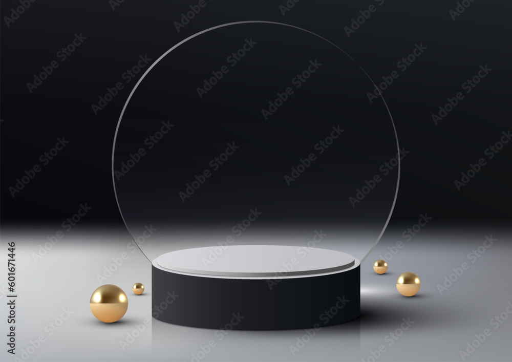 3D realistic empty black and white podium platform with circle ...