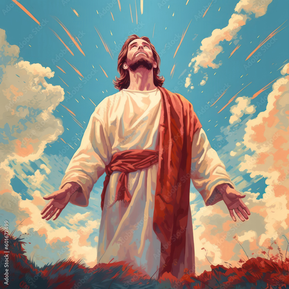 Jesus looks up to heaven with a gentle longing for his father. Ai ...