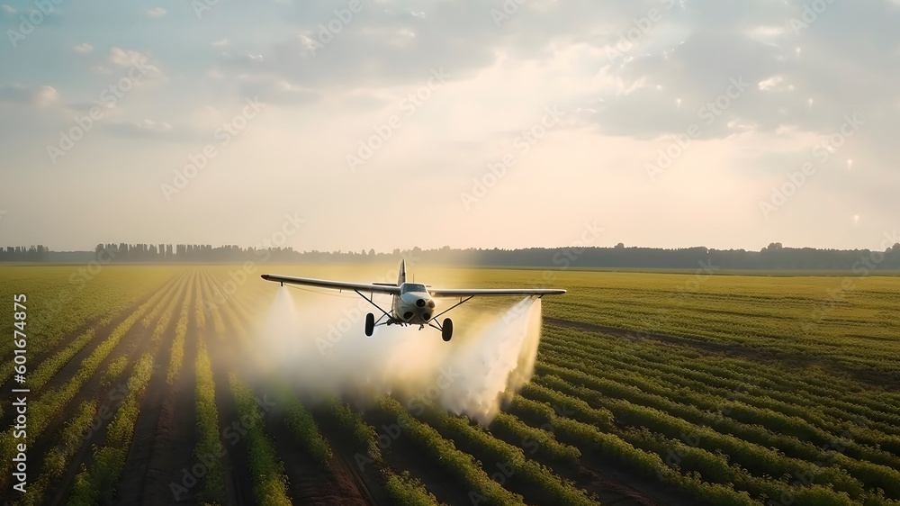 Agricultural airplane is flying over a wheat field and performing crop ...