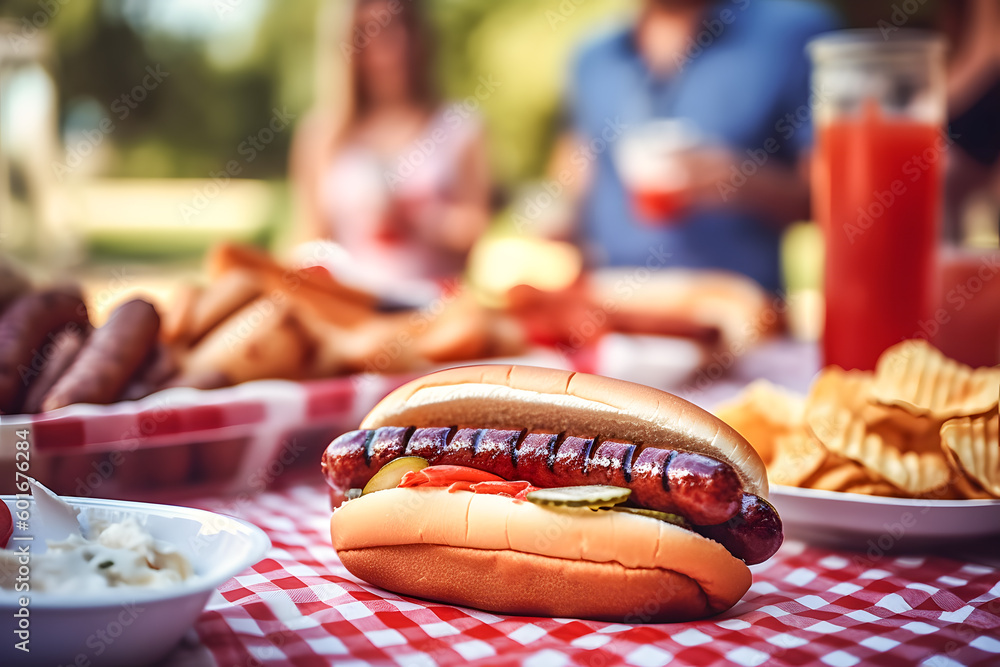 Hot dogs, corn and burgers on 4th of July picnic in patriotic theme ai ...