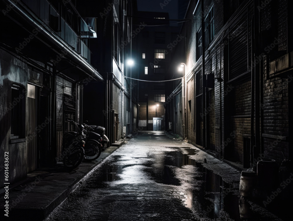 Dark and eerie industrial urban city street at night in Chicago ...