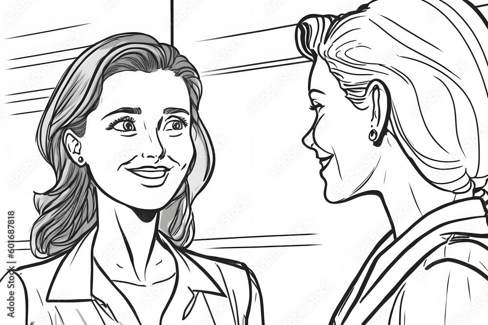 Two pretty young women are talking. Black and white illustration ...