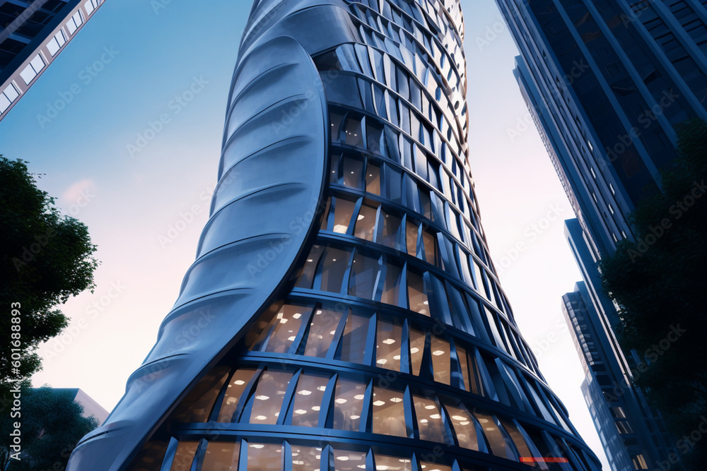 A towering skyscraper with a curved façade that creates a sense of ...