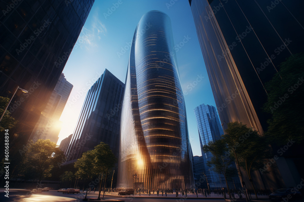 A towering skyscraper with a curved façade that creates a sense of ...