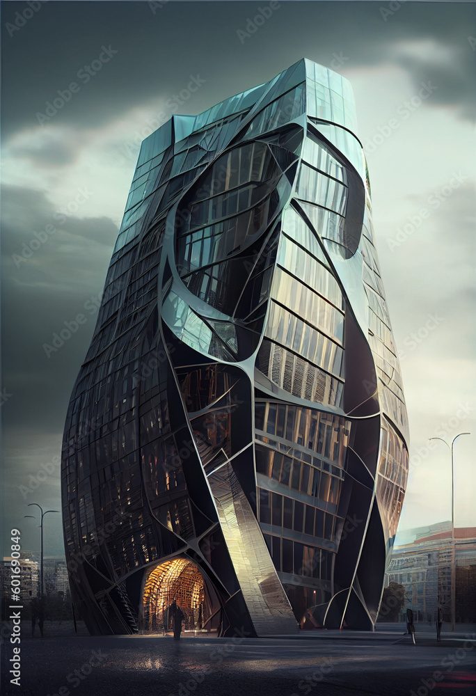 A sleek and modern office building with a facade made of textured ...