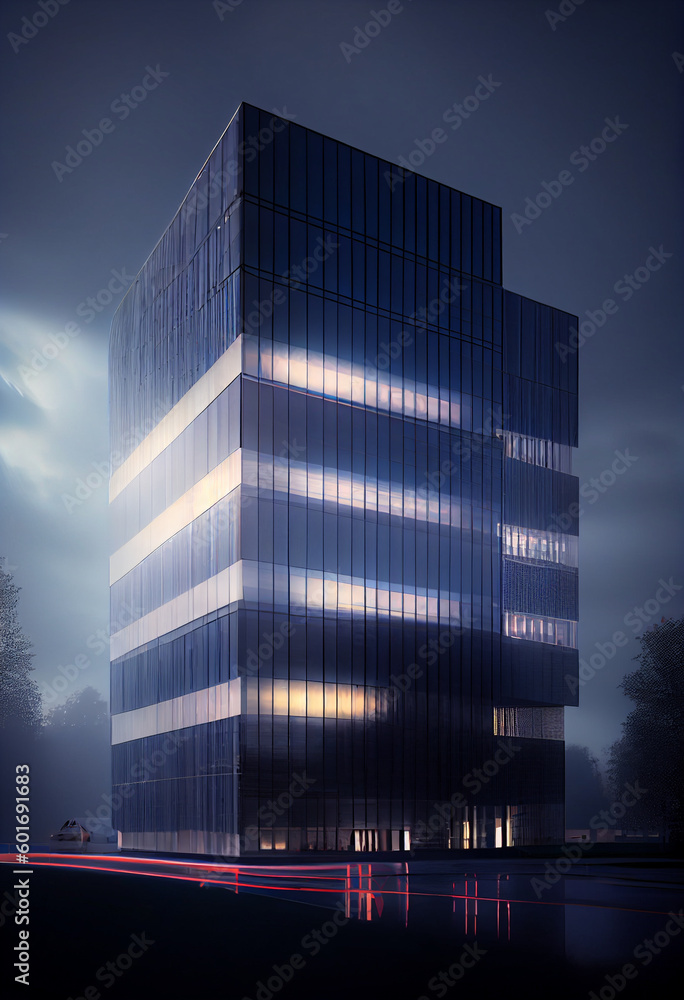 A modern office building with a facade made of angular metal panels ...