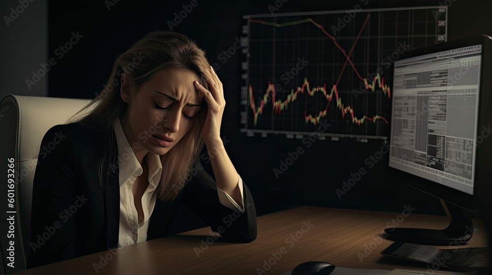 Crying frustrated female trader sits at workplace with trading charts ...