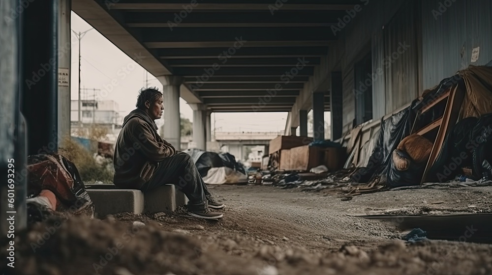 Lonely homeless man living under bridge in tent, dirty tramp was ...