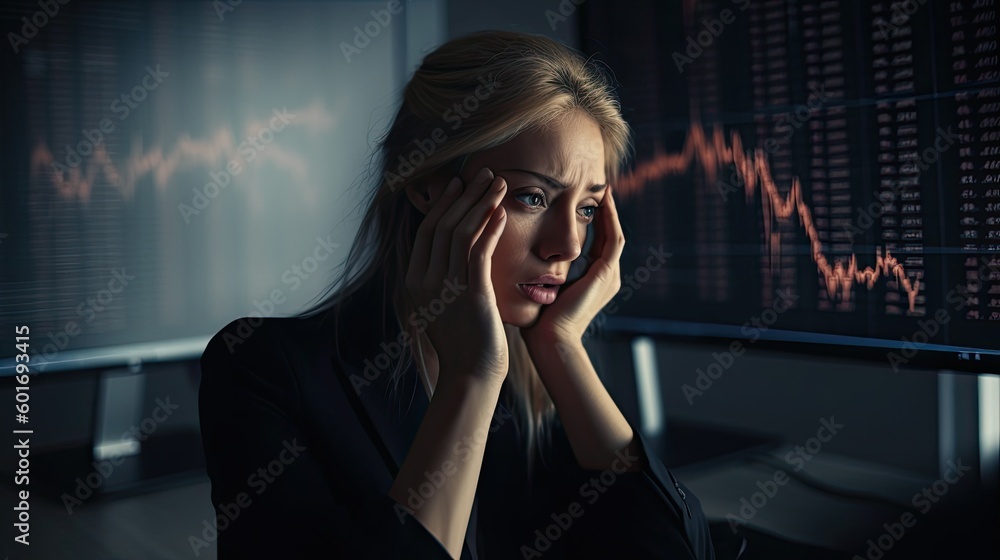 Crying frustrated female trader sits at workplace with trading charts ...
