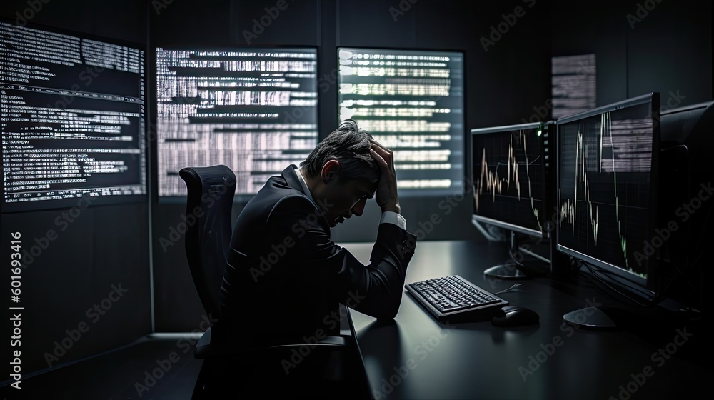 Crying frustrated trader sits at workplace with trading charts on ...