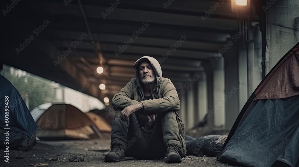 Lonely homeless man living under bridge in tent, dirty tramp was ...