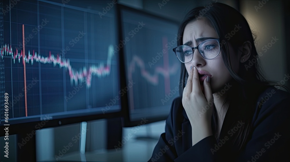 Crying frustrated female trader sits at workplace with trading charts ...