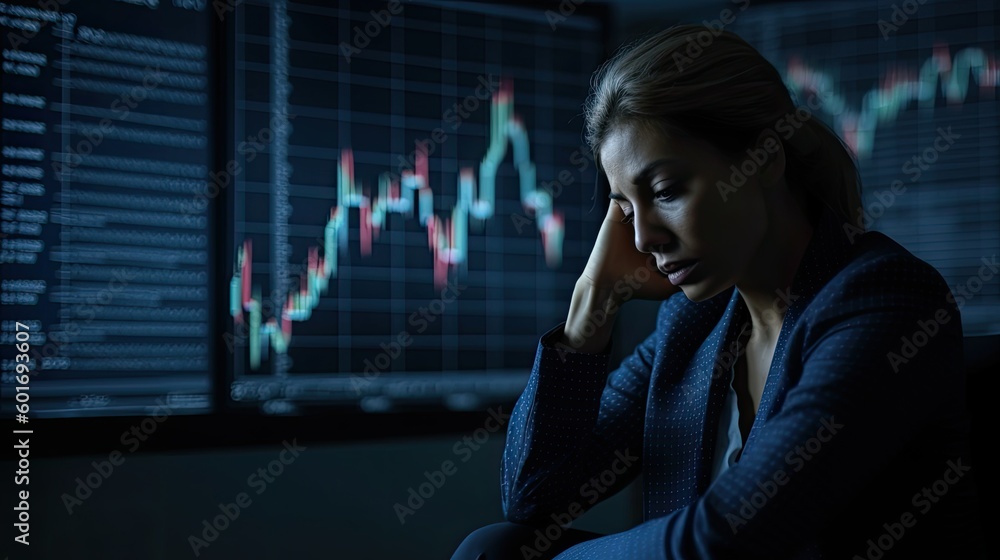 Crying frustrated female trader sits at workplace with trading charts ...