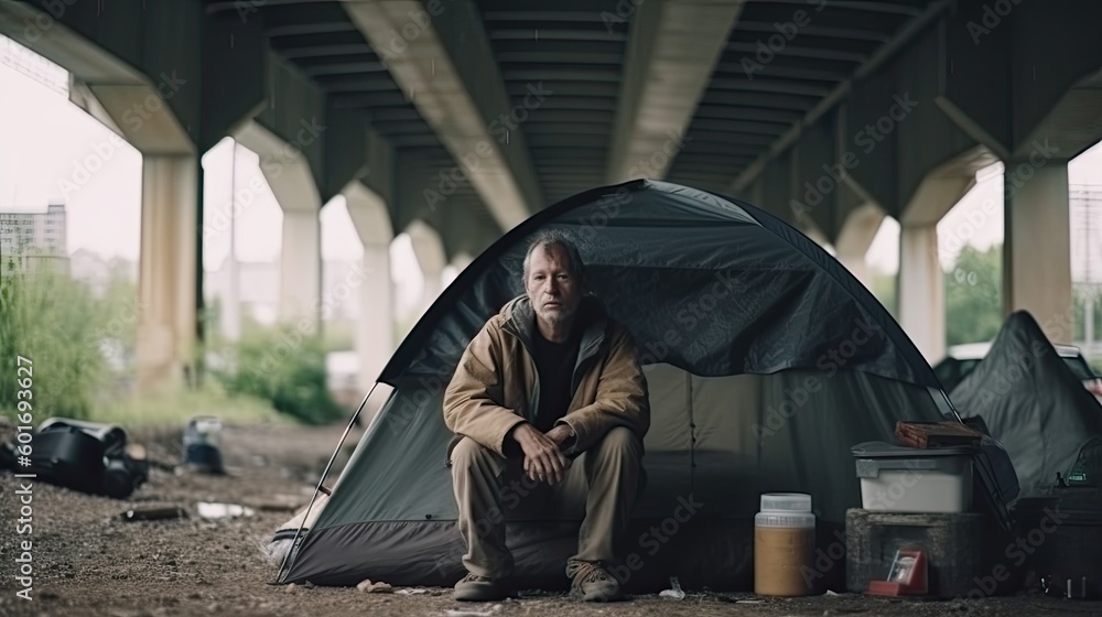 Lonely homeless man living under bridge in tent, dirty tramp was ...