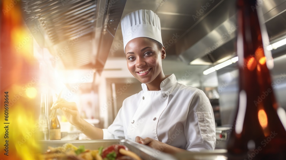 Smiling black woman chef cook in restaurant kitchen cook new dishes for ...