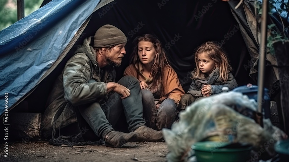 Lonely homeless family living under bridge in tent, dirty tramps was ...