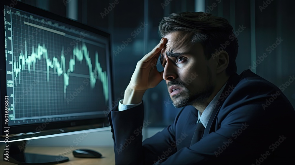 Crying frustrated trader sits at workplace with trading charts on ...