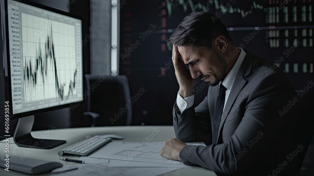 Crying frustrated trader sits at workplace with trading charts on ...