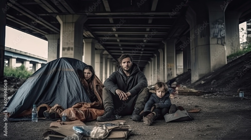 Lonely homeless family living under bridge in tent, dirty tramps was ...