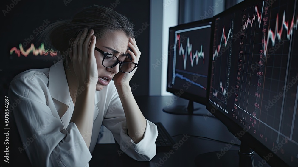 Crying frustrated female trader sits at workplace with trading charts ...