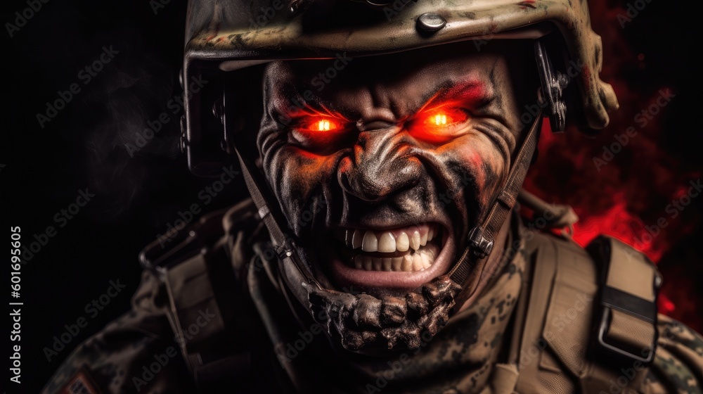 Sinister zombie orc soldier portrait with angry laughing on explosions fire background, ominous ...