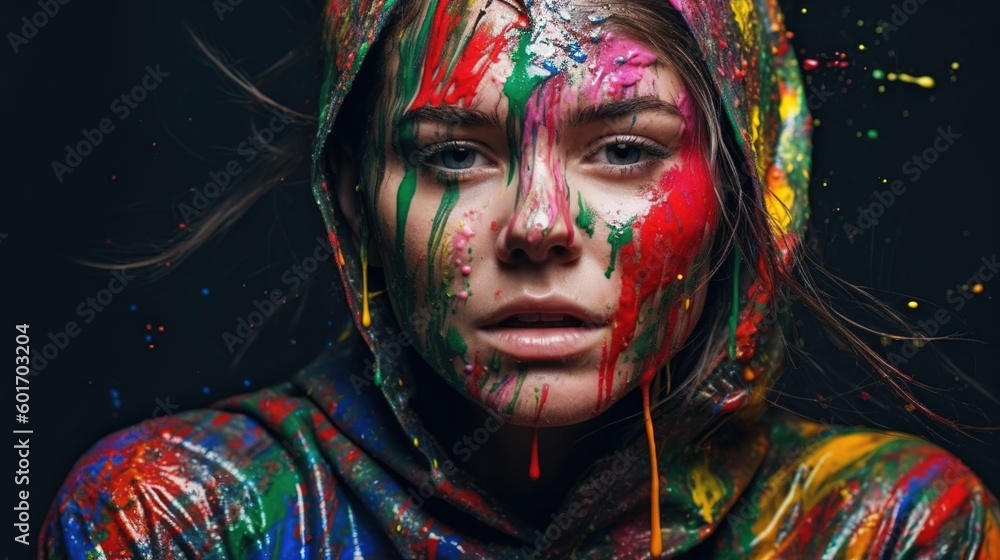 Fashion photography of the woman with the paint splattered on her face ...