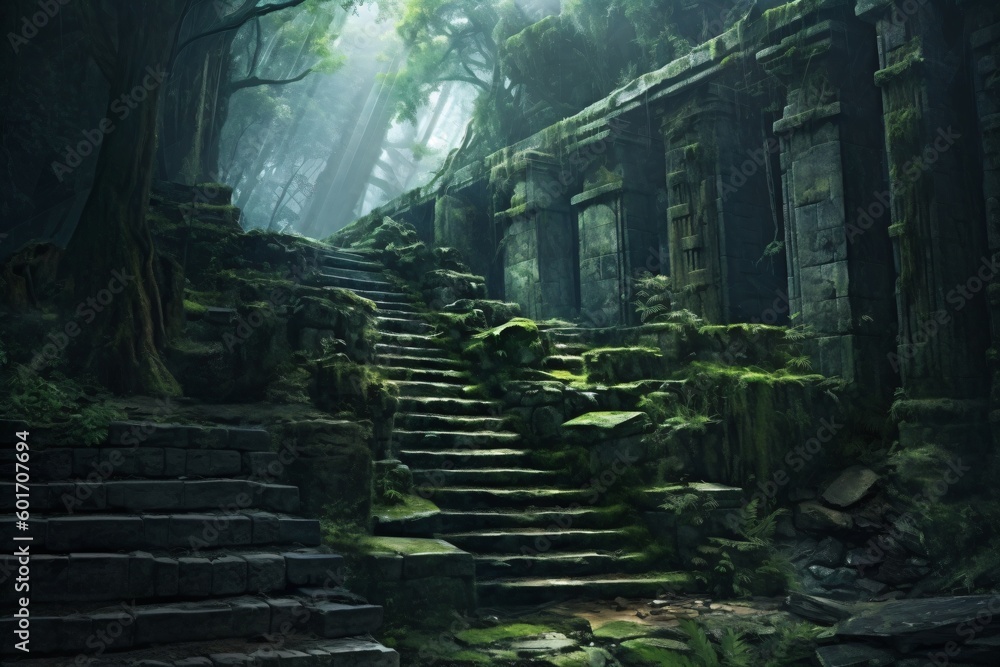 old forgotten overgrown ruins with stairs, rainforest lost place ...