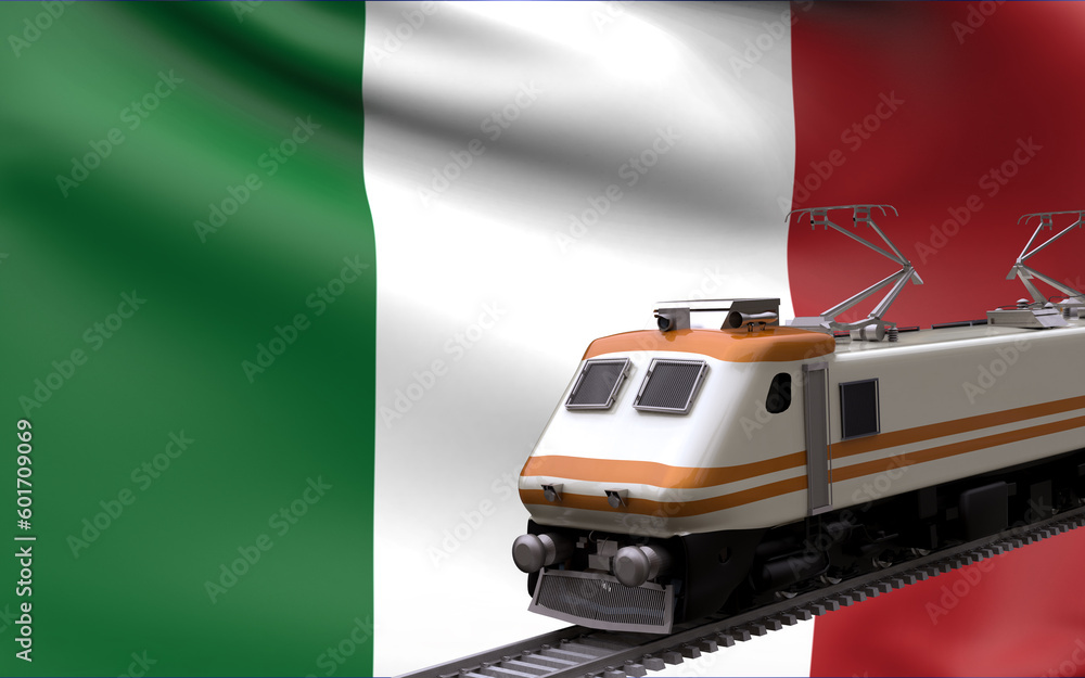 Italy country national flag with speed trains railroad locomotive ...